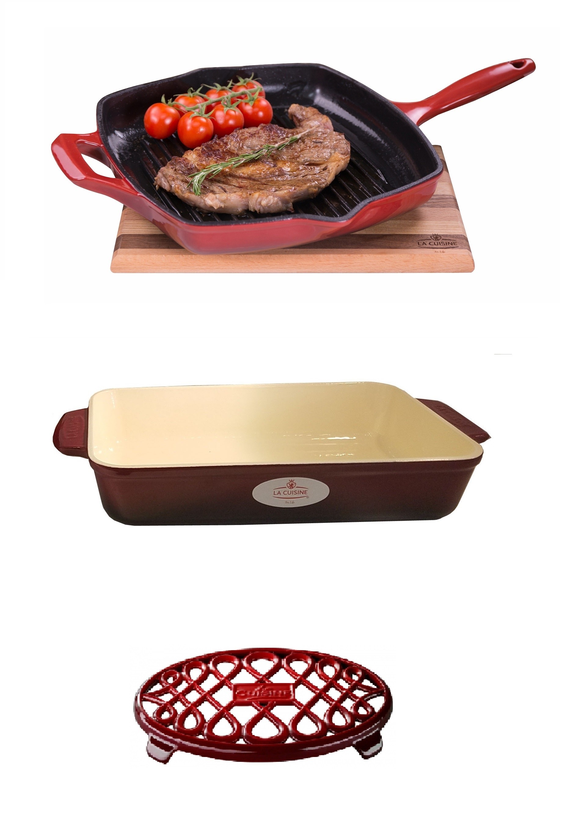 Promotie "LA CUISINE" Set Vase de Fonta Emailata: Tava 34x26cm + Suport ...